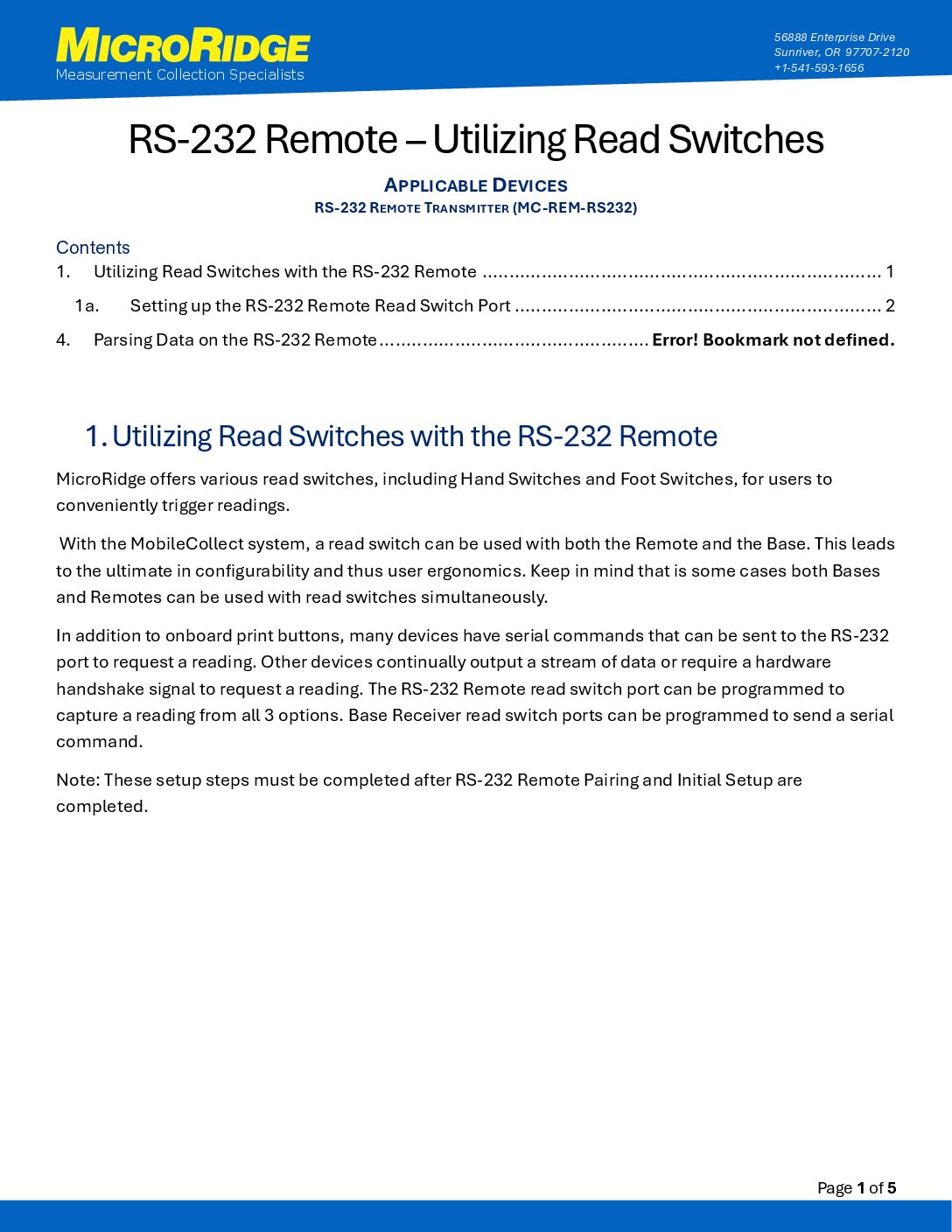RS-232 Remote – Configuring Read Switch Triggering - MicroRidge